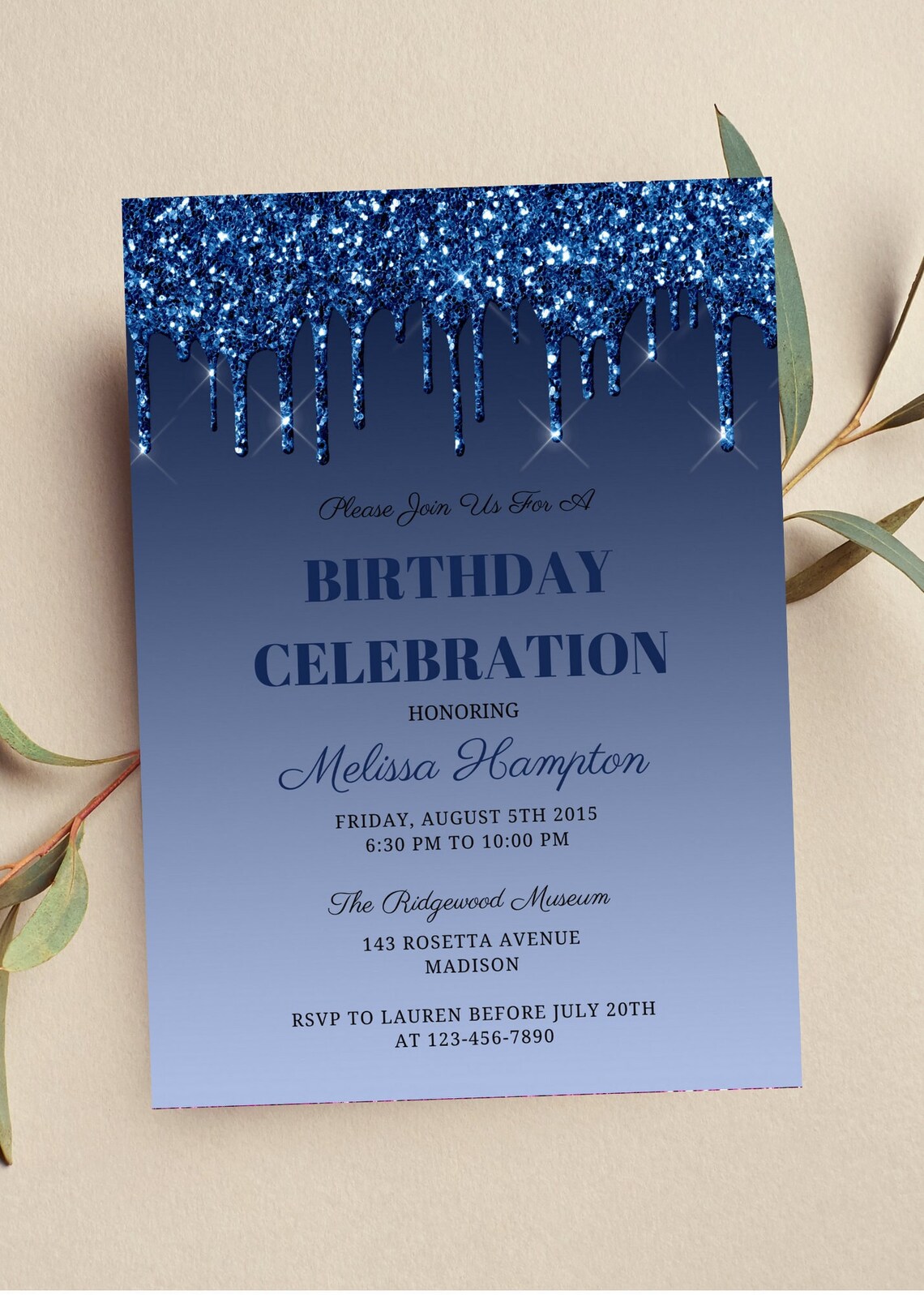 Editable Blue Birthday Invitation Blue Glitter Drip Dripping - Etsy