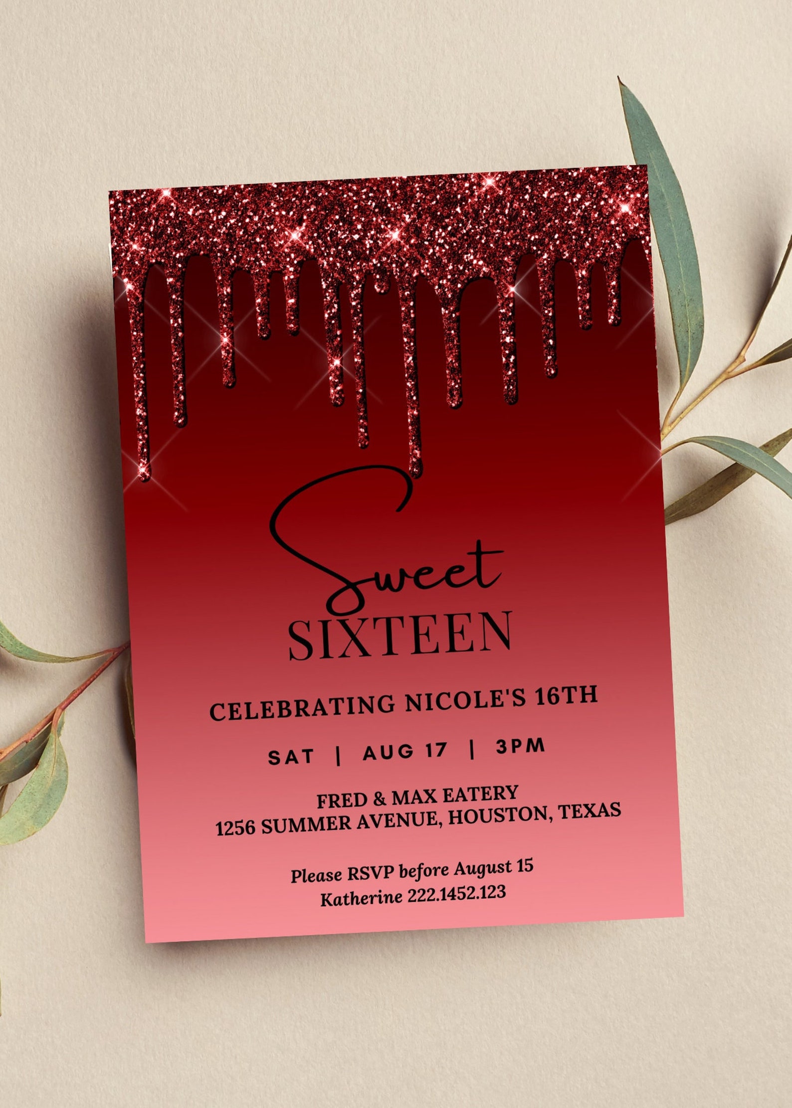 Editable Sweet 16 Birthday Invitation, Red and Black, Red Dripping ...