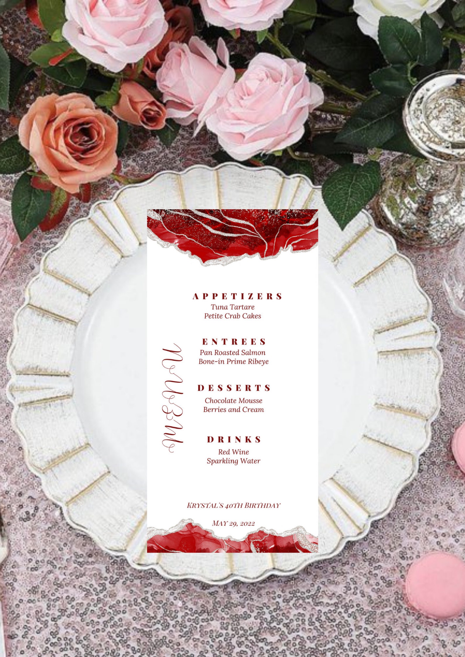 Editable Menu Template, Red and White Menu Cards, Birthday Dinner Menu ...