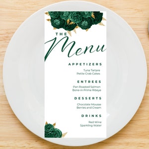 Editable Menu Card Template, Emerald Green and Gold Menu Cards, Floral ...