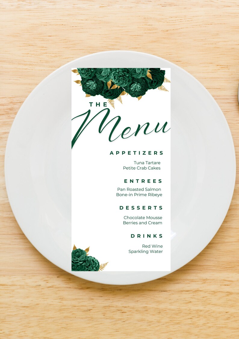 Editable Menu Card Template Emerald Green and Gold Menu Card - Etsy