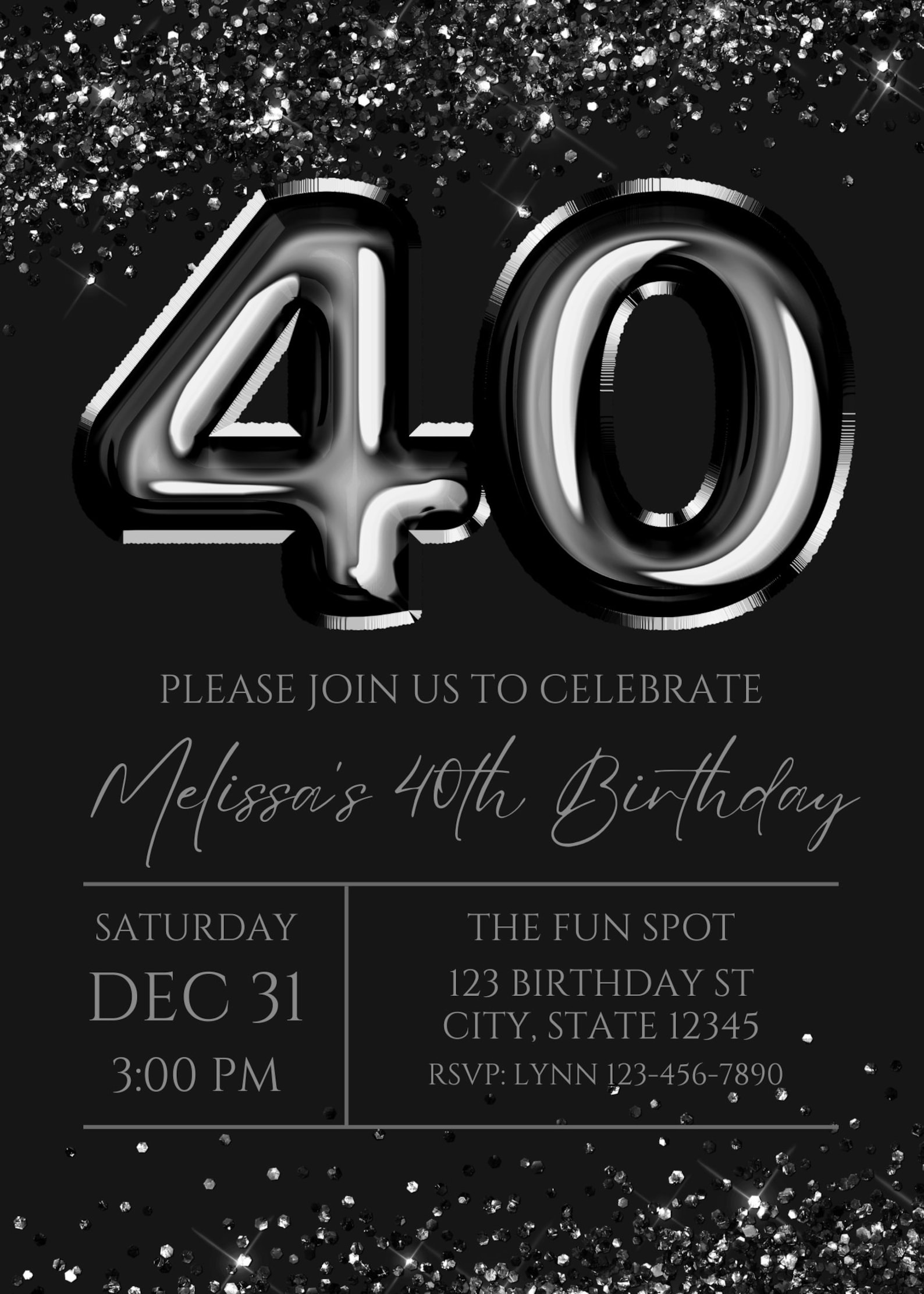 Editable 40th Birthday Invitation All Black Invitation Black - Etsy