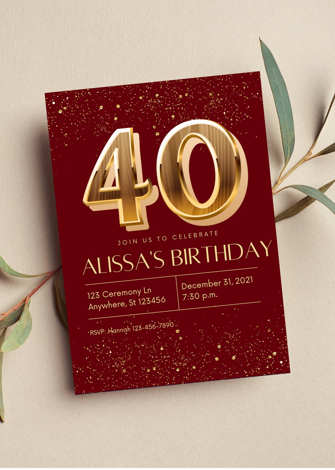 Editable 40th Birthday Party Invitation, Burgundy and Gold, Invitation ...