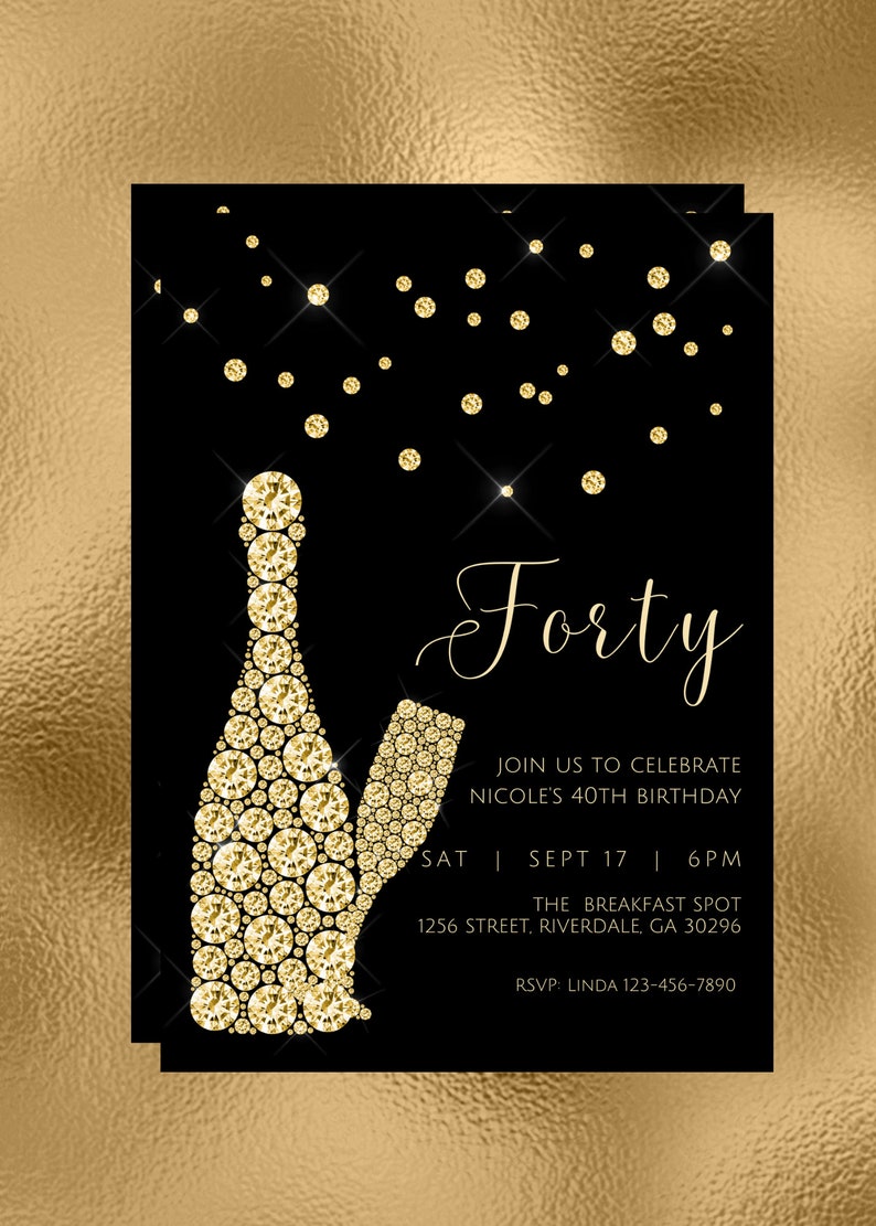 Editable 40th Birthday Invitation, Black and Gold, Gold Champagne, Glam ...