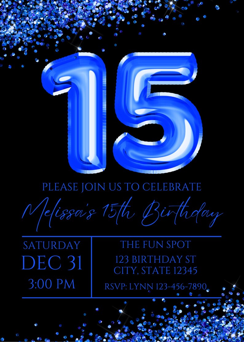 Editable 15th Birthday Invitation, Blue and Black Invitation, Blue 15 ...