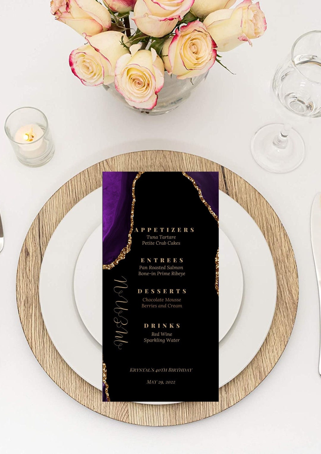 Editable Birthday Party Menu Template, Purple and Gold Menu Cards ...