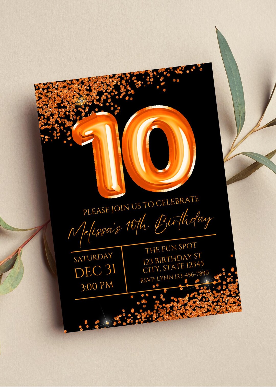 Editable 10th Birthday Invitation, Orange and Black Invitation, Orange ...