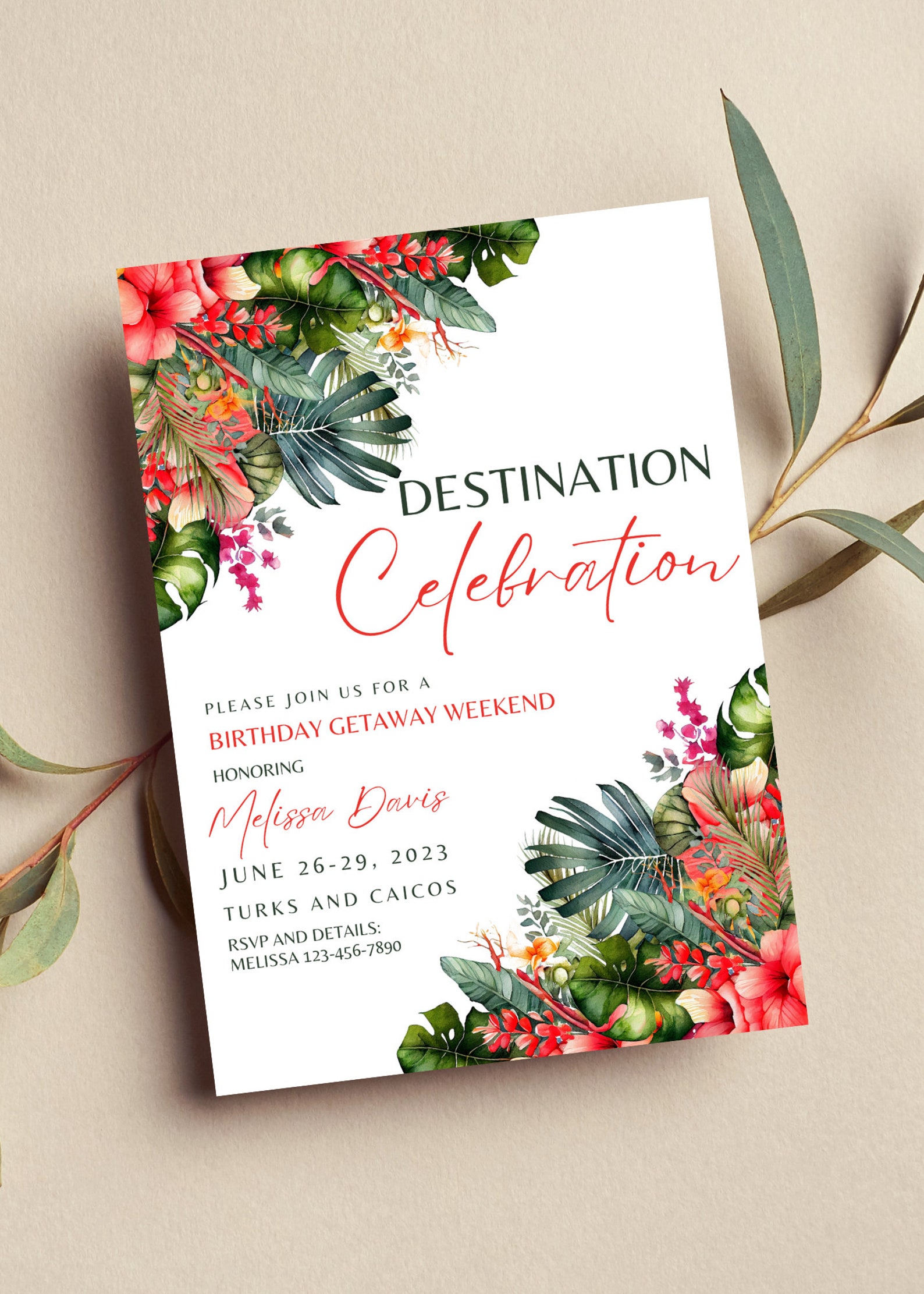 Editable Tropical Invitation, Birthday Weekend Invite, Girls Trip ...