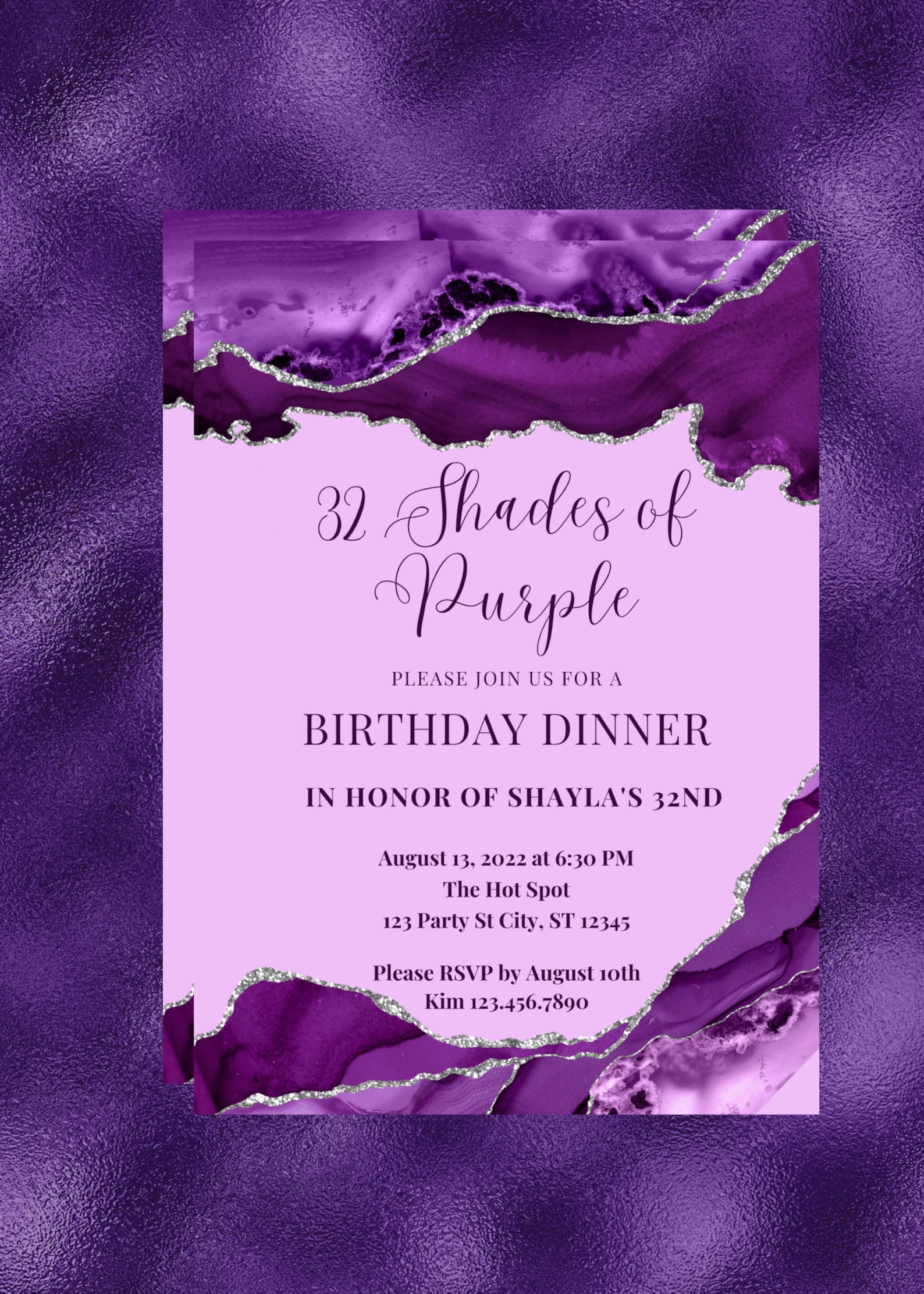 Editable Shades of Purple Invitation, Purple and Silver, Birthday ...