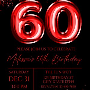 Editable 60th Birthday Invitation, Red and Black Invitation, Red 60 ...