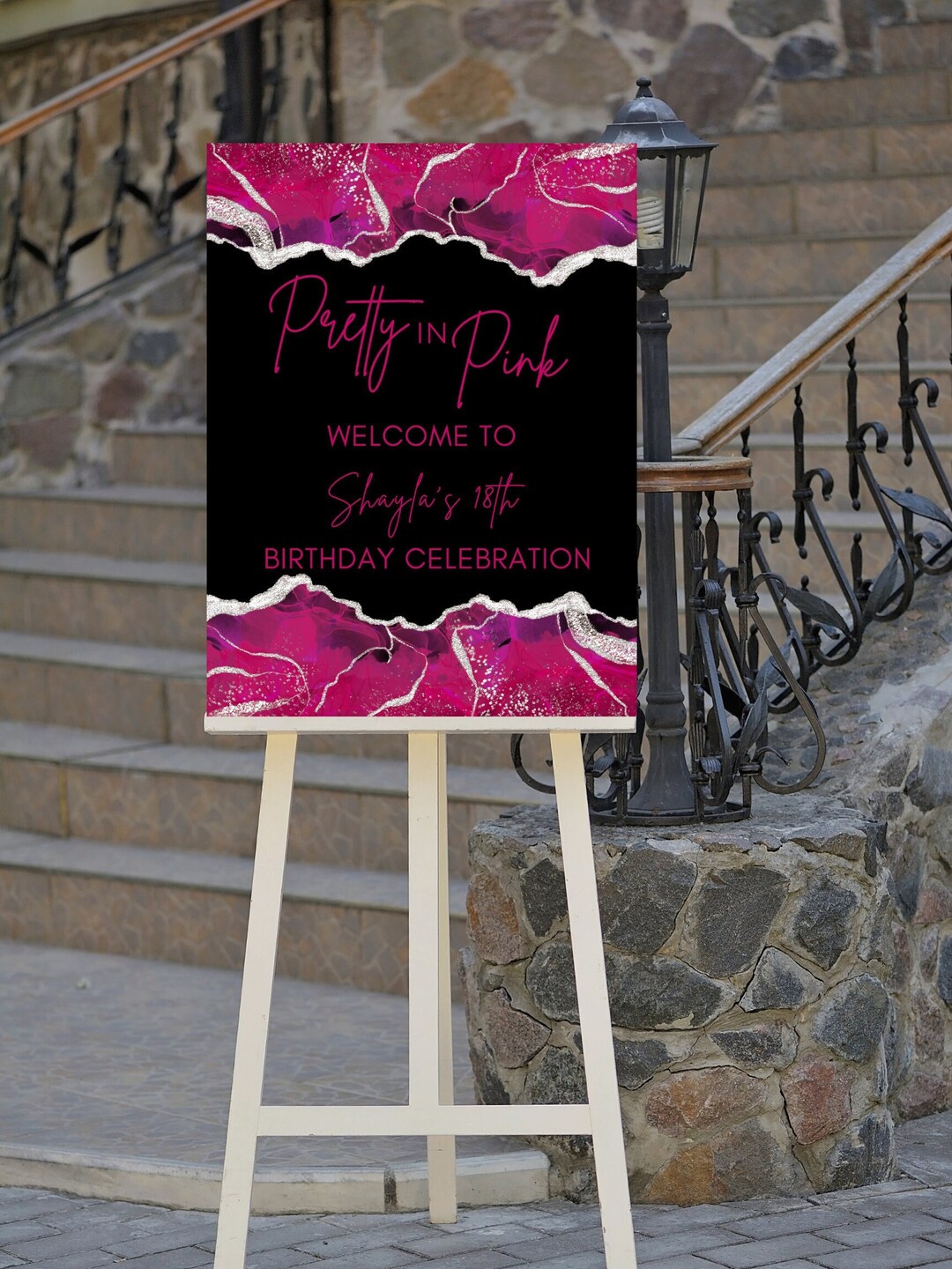 Editable Pretty in Pink Birthday Welcome Sign, Hot Pink, Silver and ...