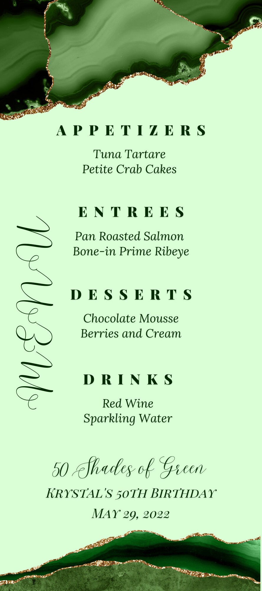 Editable Shades of Green Menu Card Template, Green and Gold, Green Menu ...