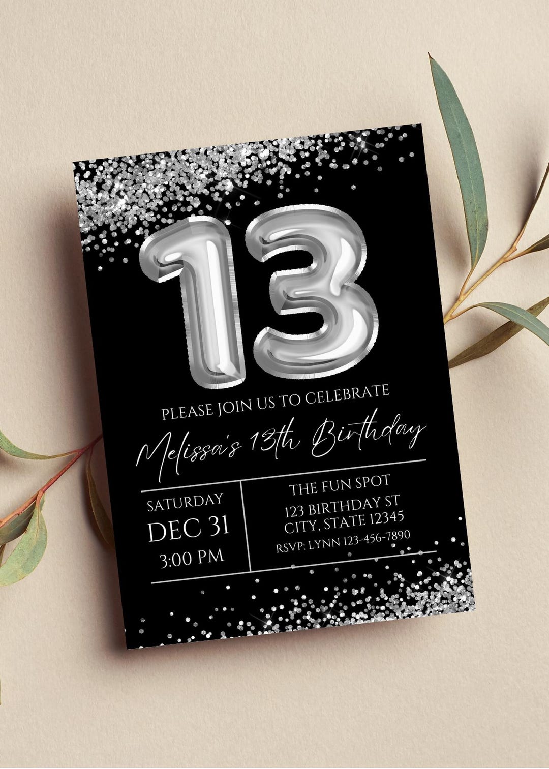Editable 13th Birthday Invitation, Silver and Black Invitation, Silver ...