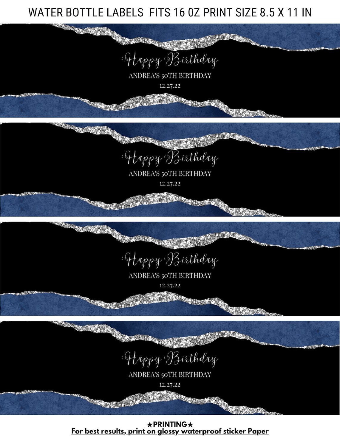 Editable Blue Silver and Black Water Bottle Label Template - Etsy