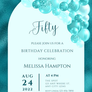 Editable Teal Birthday Invitation, Teal Balloon Arch Invite, Printable ...