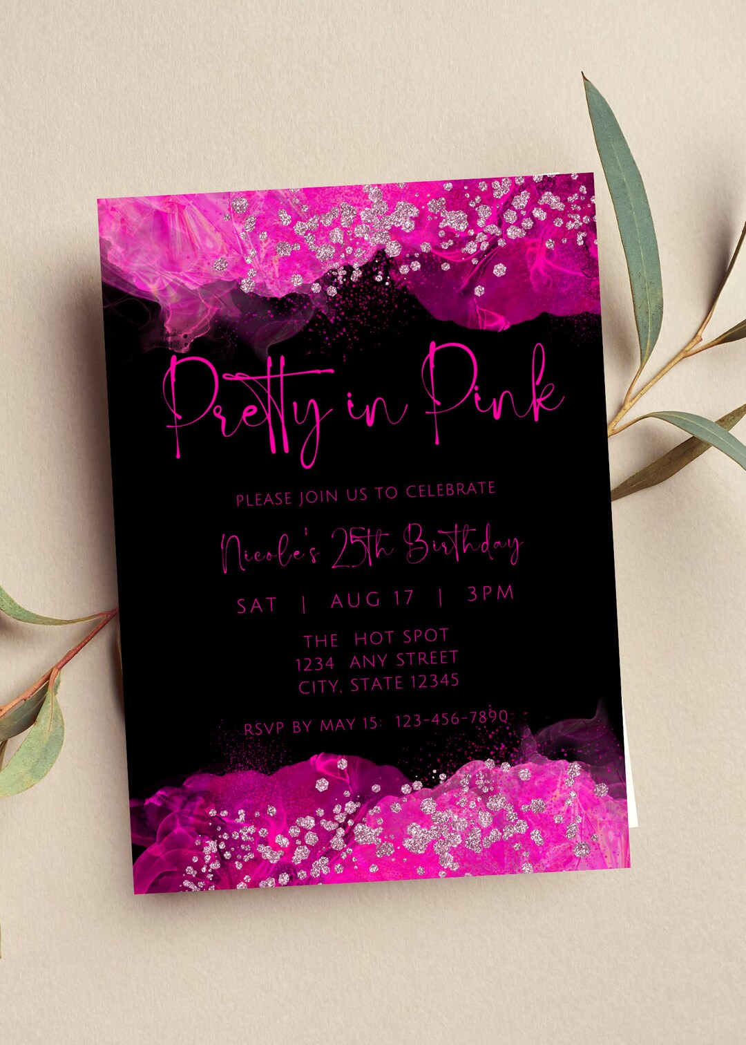 Editable Pretty in Pink Invitation, Pink and Black Invite, Printable or ...