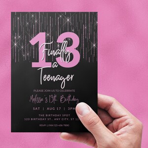 Editable 13th Birthday Invitation, Finally a Teenager, Pink and Black ...