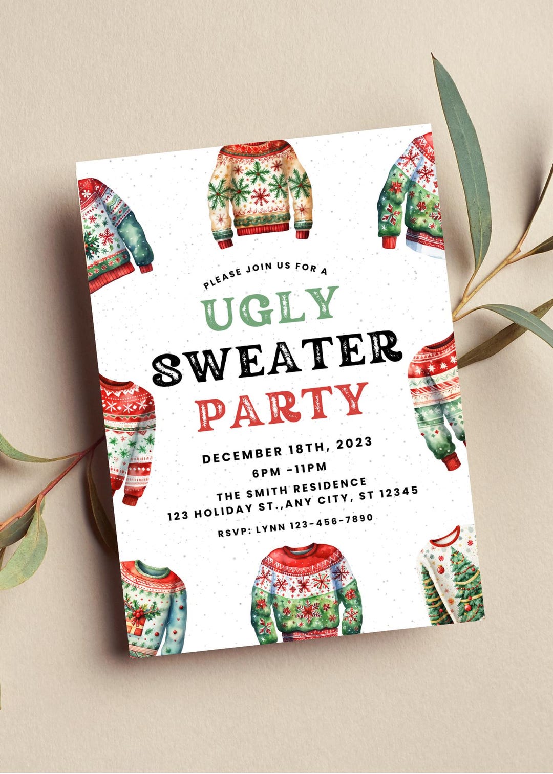 Editable Christmas Invitation, Ugly Sweater Party, Printable or Digital ...
