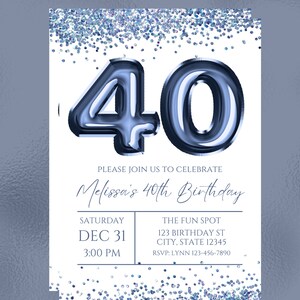 Editable 40th Birthday Invitation, Navy Blue and White Invitation, Navy ...