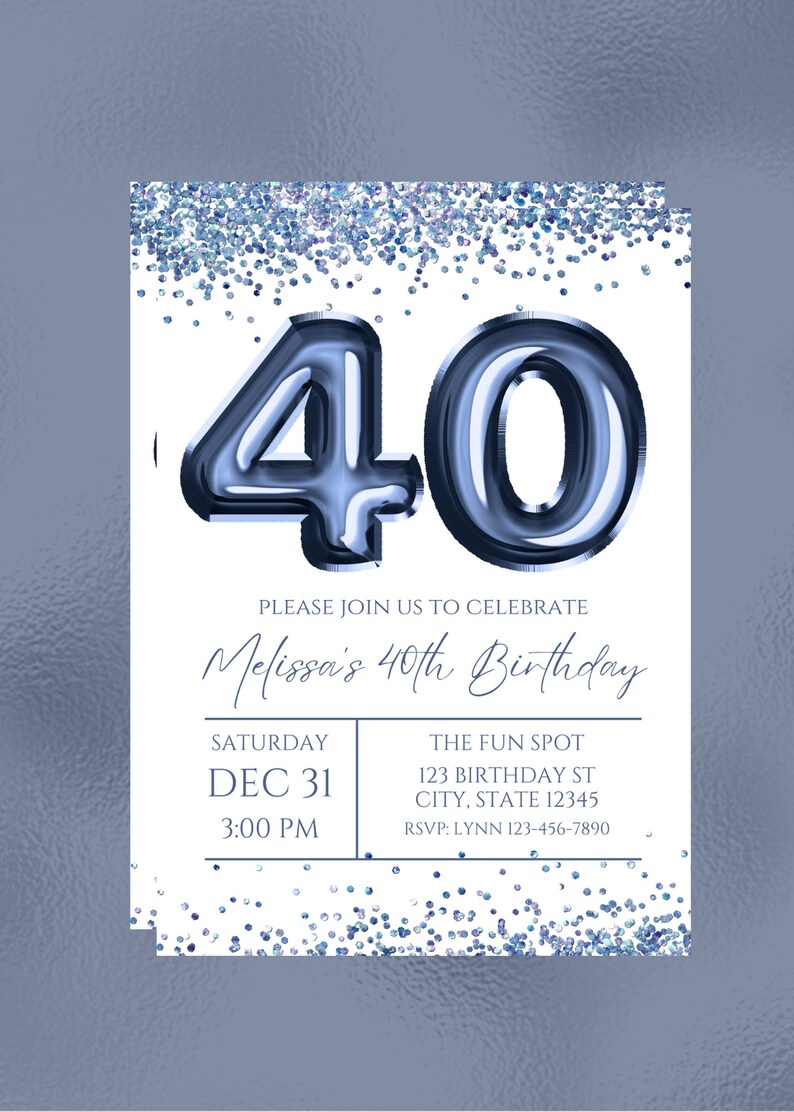 Editable 40th Birthday Invitation, Navy Blue and White Invitation, Navy ...