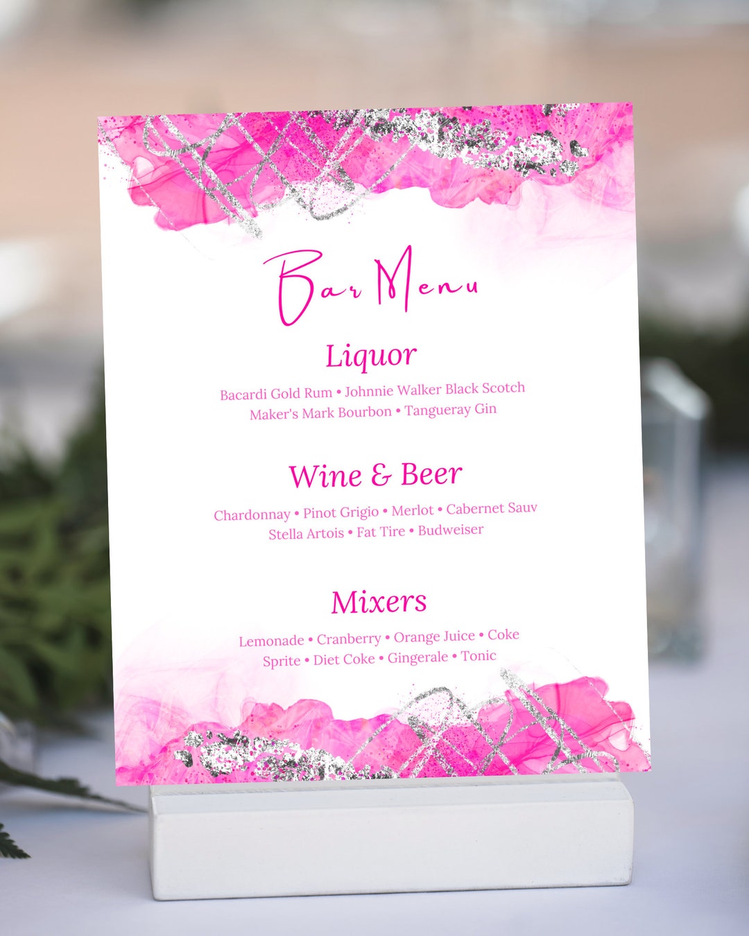 Editable Pink and Silver Bar Menu Card Template, Full Size Menu, Table ...