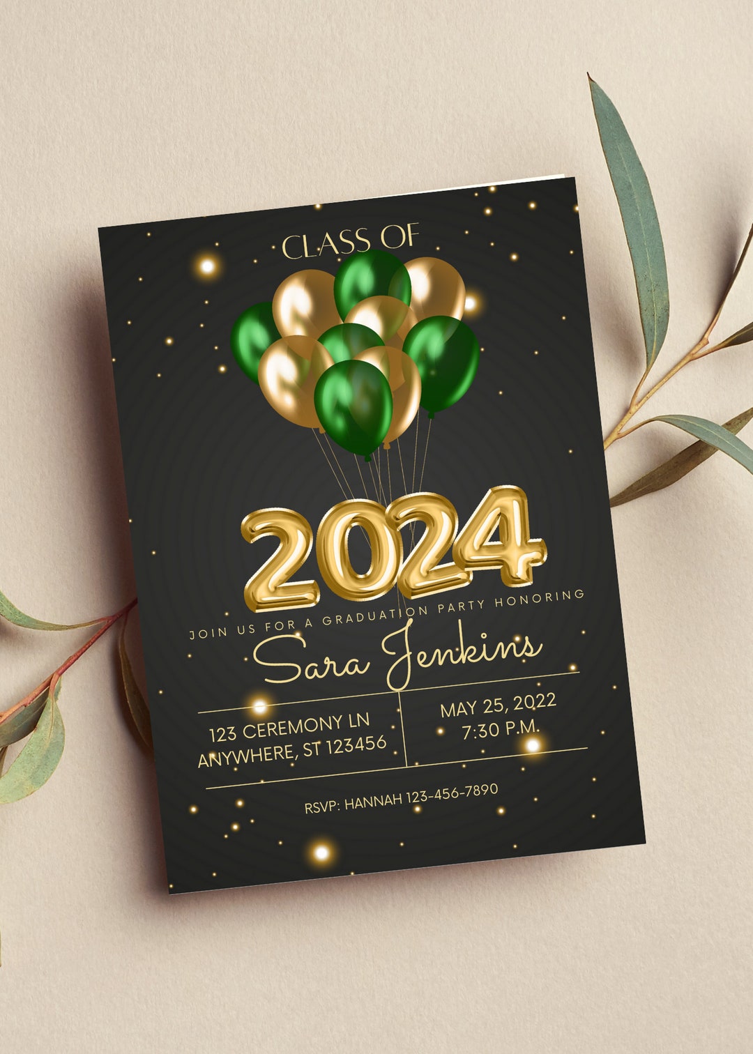 Editable Graduation Invitation 2025, Green and Gold Balloons Graduation ...