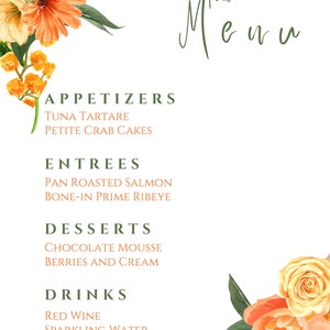 Editable Orange and Yellow Floral Menu Cards Template, Floral Menu Card ...