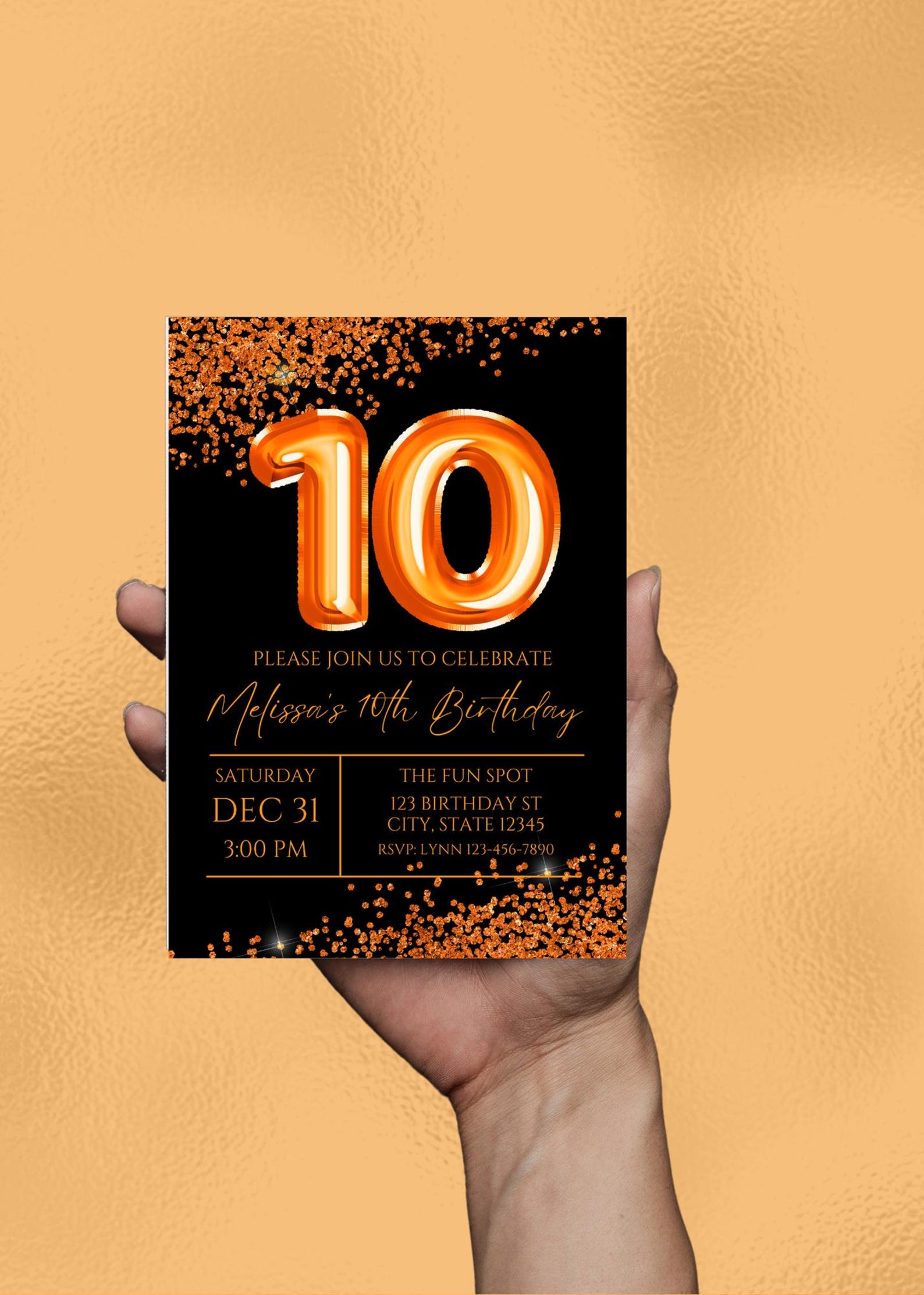 Editable 10th Birthday Invitation, Orange and Black Invitation, Orange ...