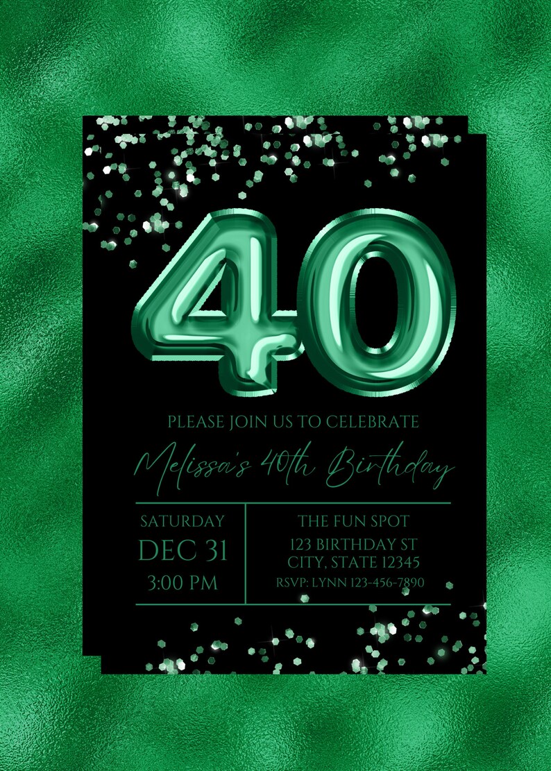 Editable 40th Birthday Invitation, Green and Black Invitation, Green 40 ...