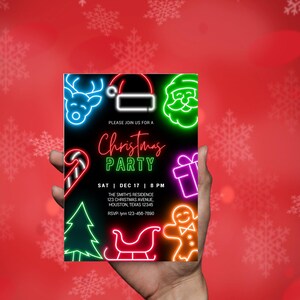 Editable Neon Christmas Party Invitation, Printable or Digital Invite ...