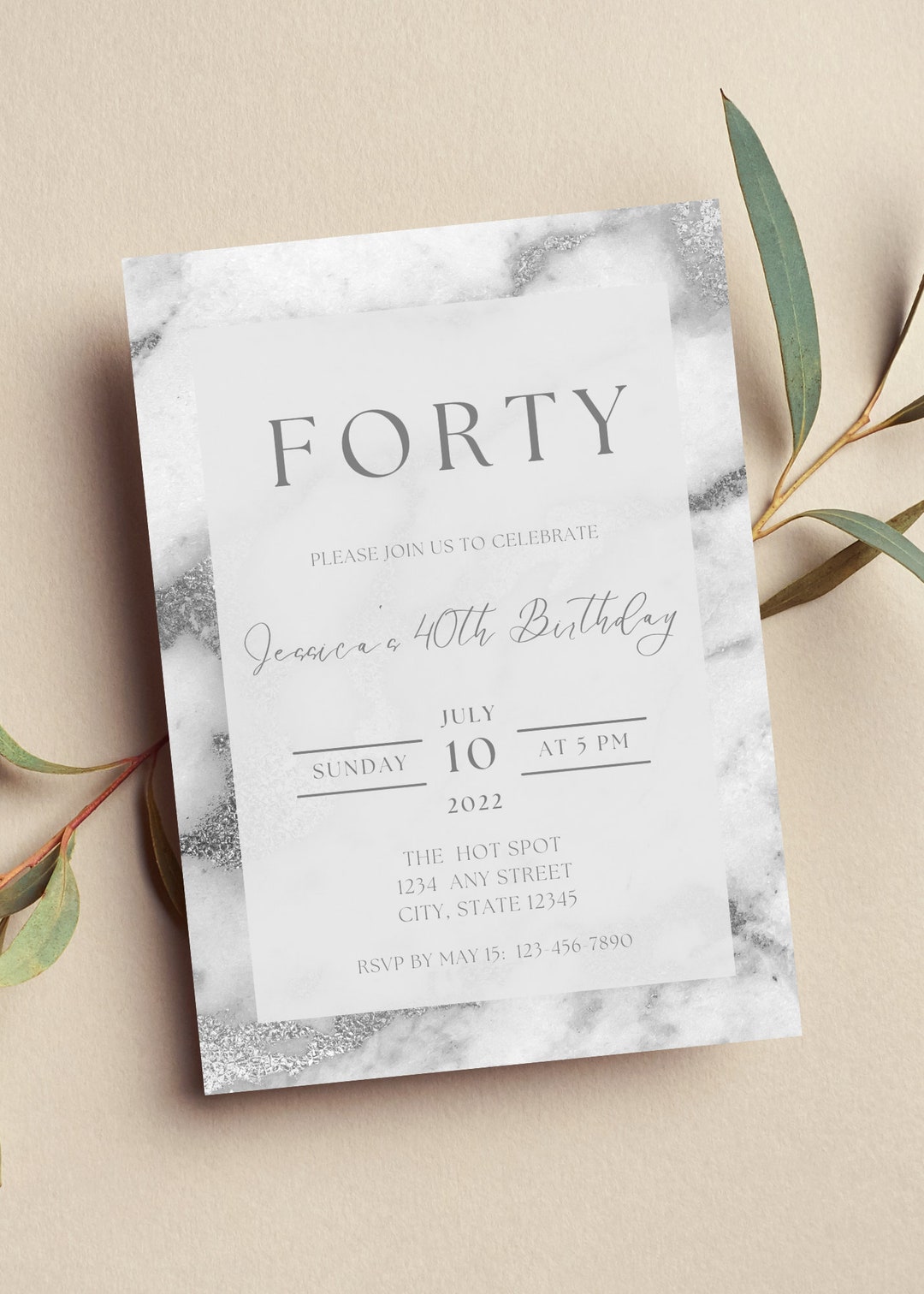 Editable White and Silver Birthday Invitation, White Marble Invitation ...