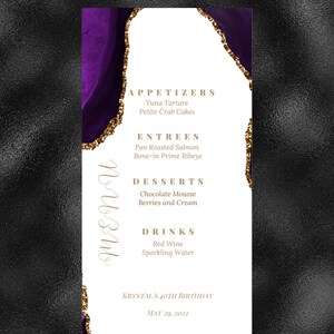 Editable Birthday Party Menu Card Template, Purple, White and Gold ...