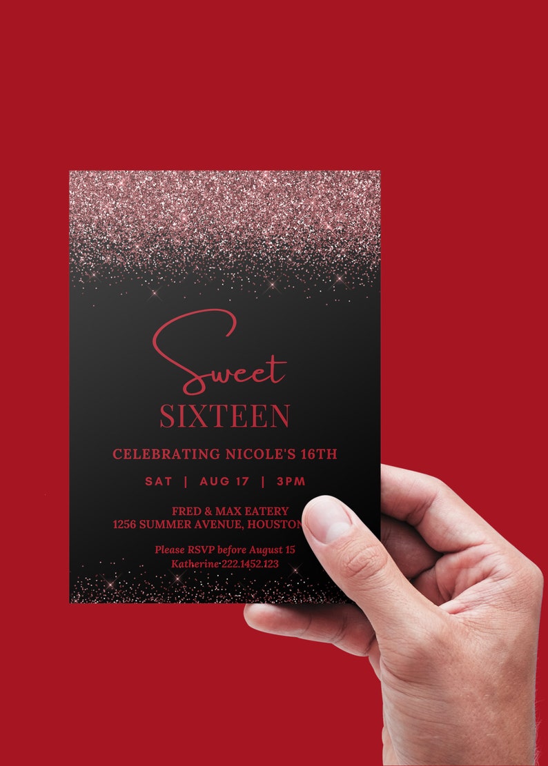 Red Glitter Sweet 16 Invitation, Editable Black Invite (digital ...