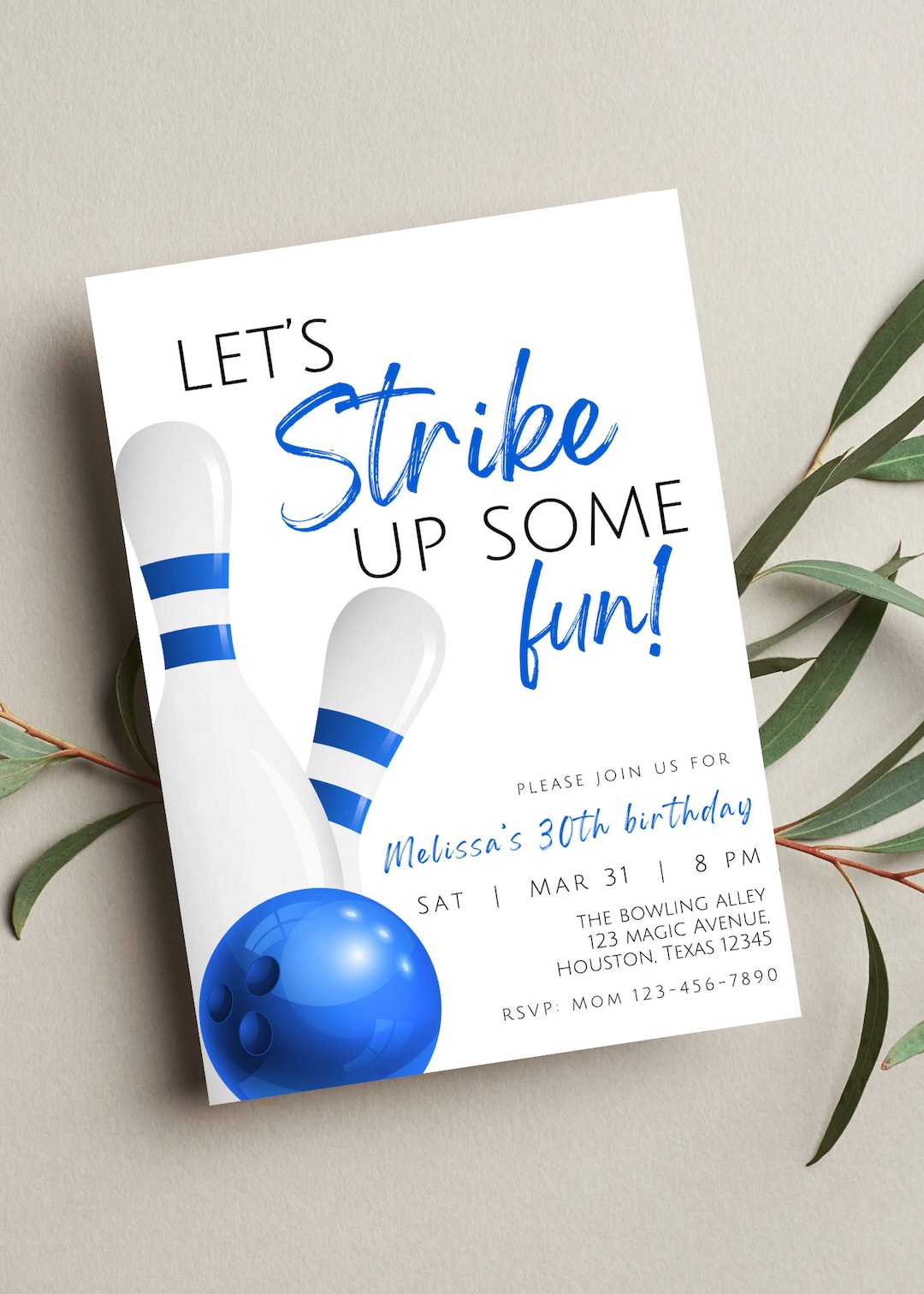 Editable Bowling Birthday Invitation, Let's Strike up Some Fun, Blue ...