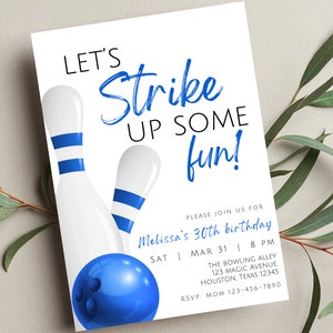 Editable Bowling Birthday Invitation, Let's Strike up Some Fun, Blue ...