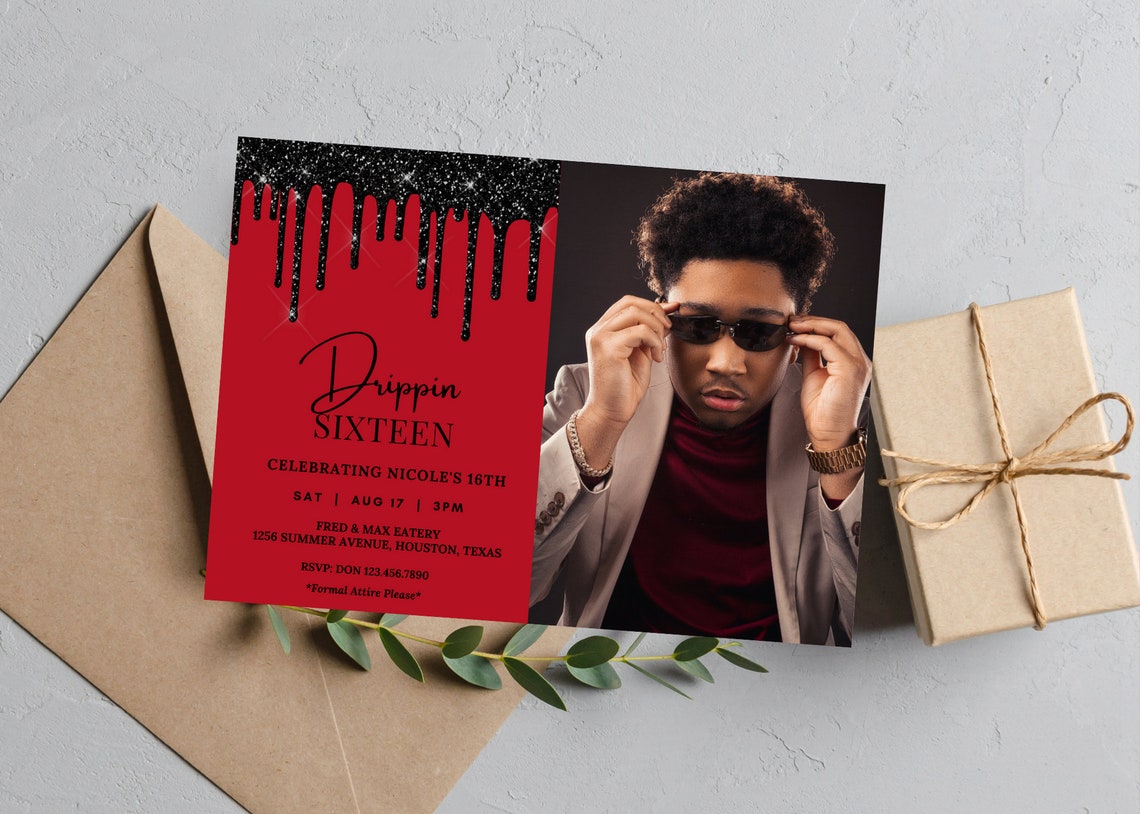 Editable Drippin 16 Birthday Invitation With Picture, Black and Red ...
