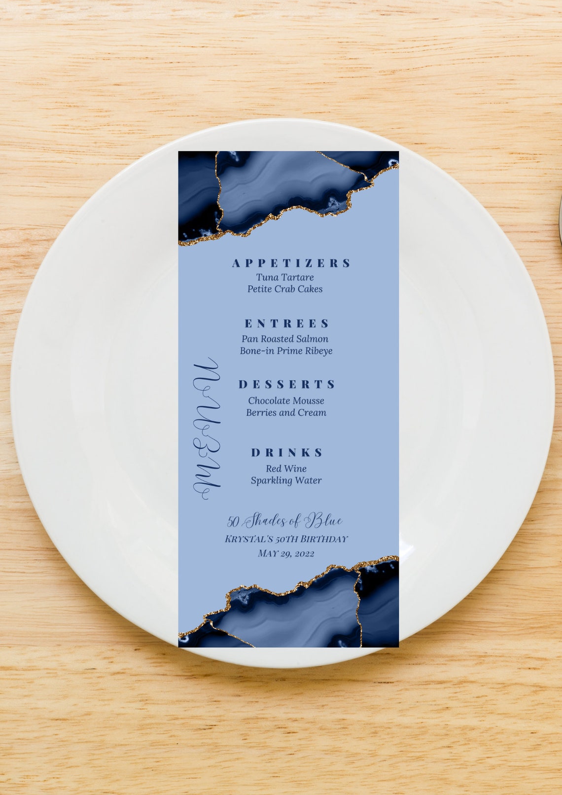 Editable Shades of Blue Menu Card Template, Blue and Gold Menu Cards ...