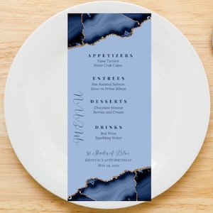 Editable Shades of Blue Menu Card Template, Blue and Gold Menu Cards ...