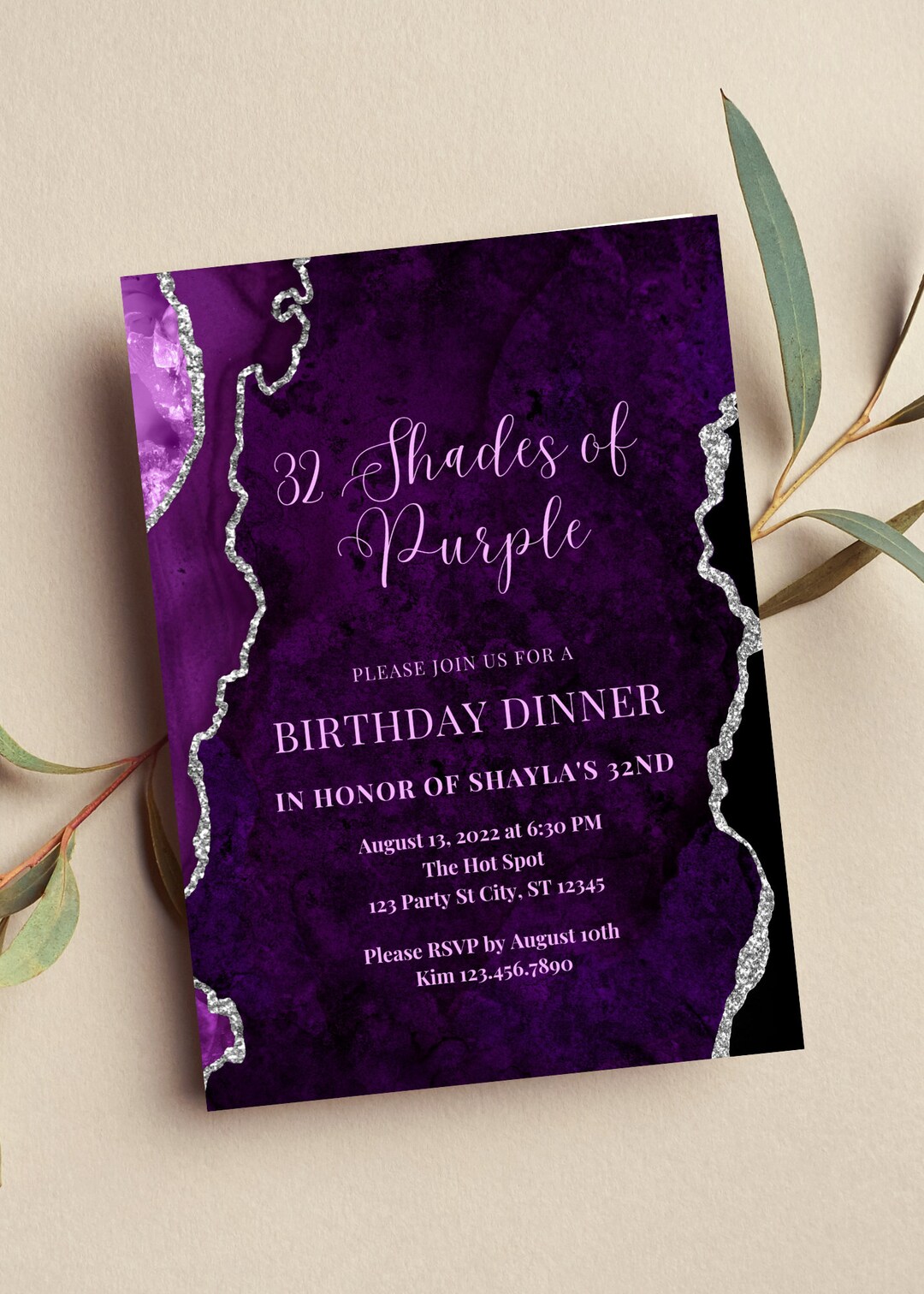 Editable Shades of Purple Invitation, Purple and Silver, Birthday ...
