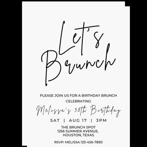 Editable Birthday Brunch Invitation, Let's Brunch, White, Minimalist ...