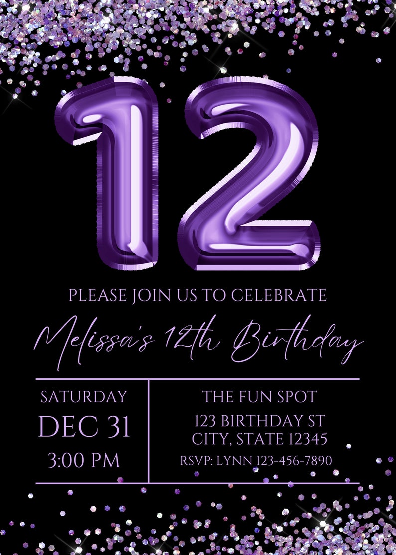Editable 12th Birthday Invitation, Purple and Black Invitation, Purple ...