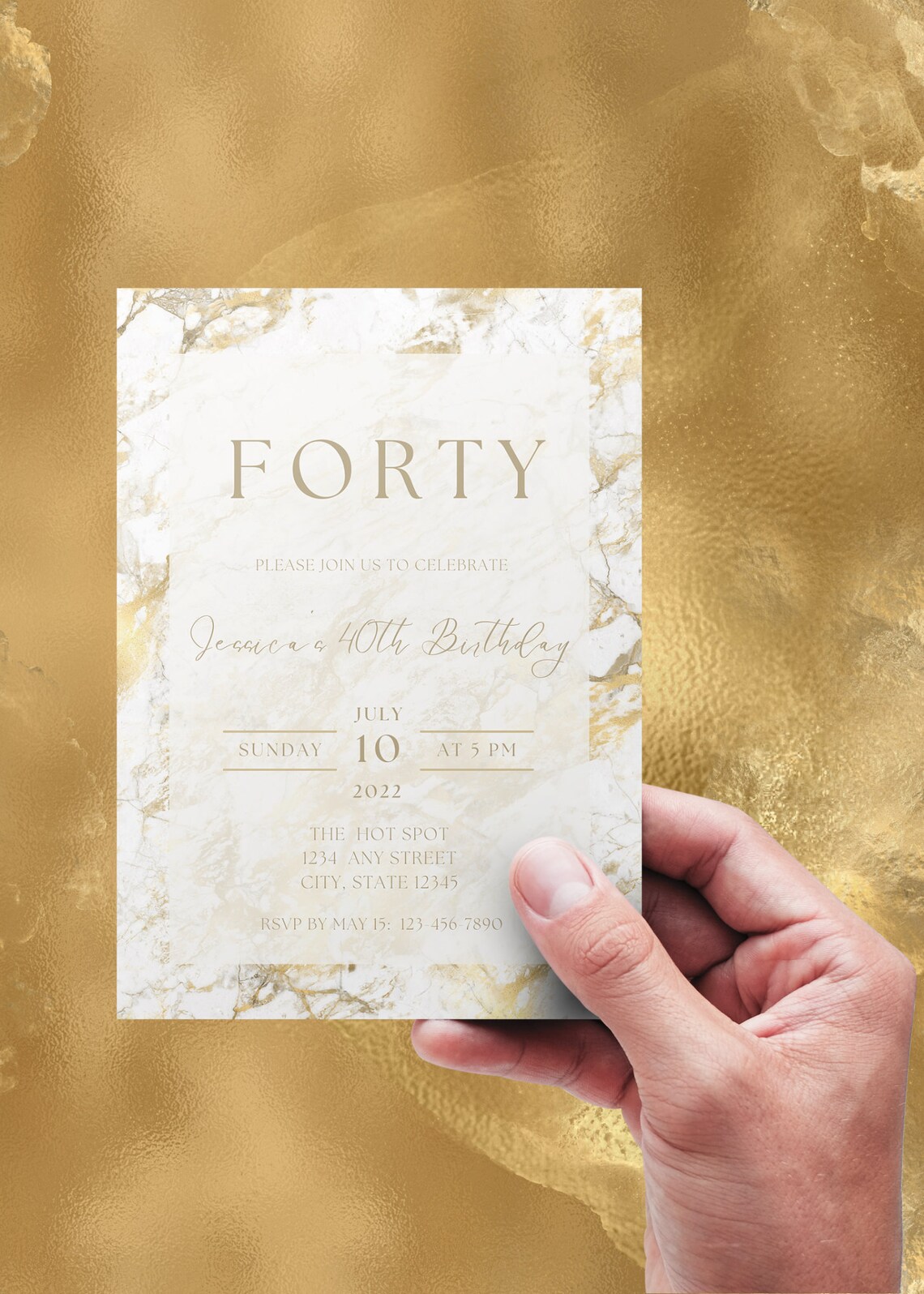Editable White and Gold Birthday Invitation, White Marble Invitation ...