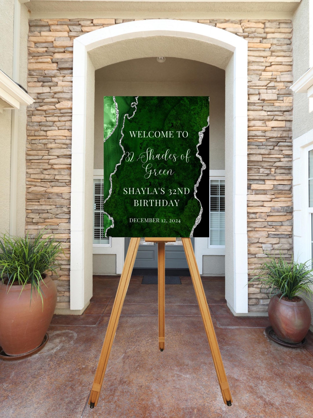 Editable Shades of Green Birthday Welcome Sign, Green and Silver ...