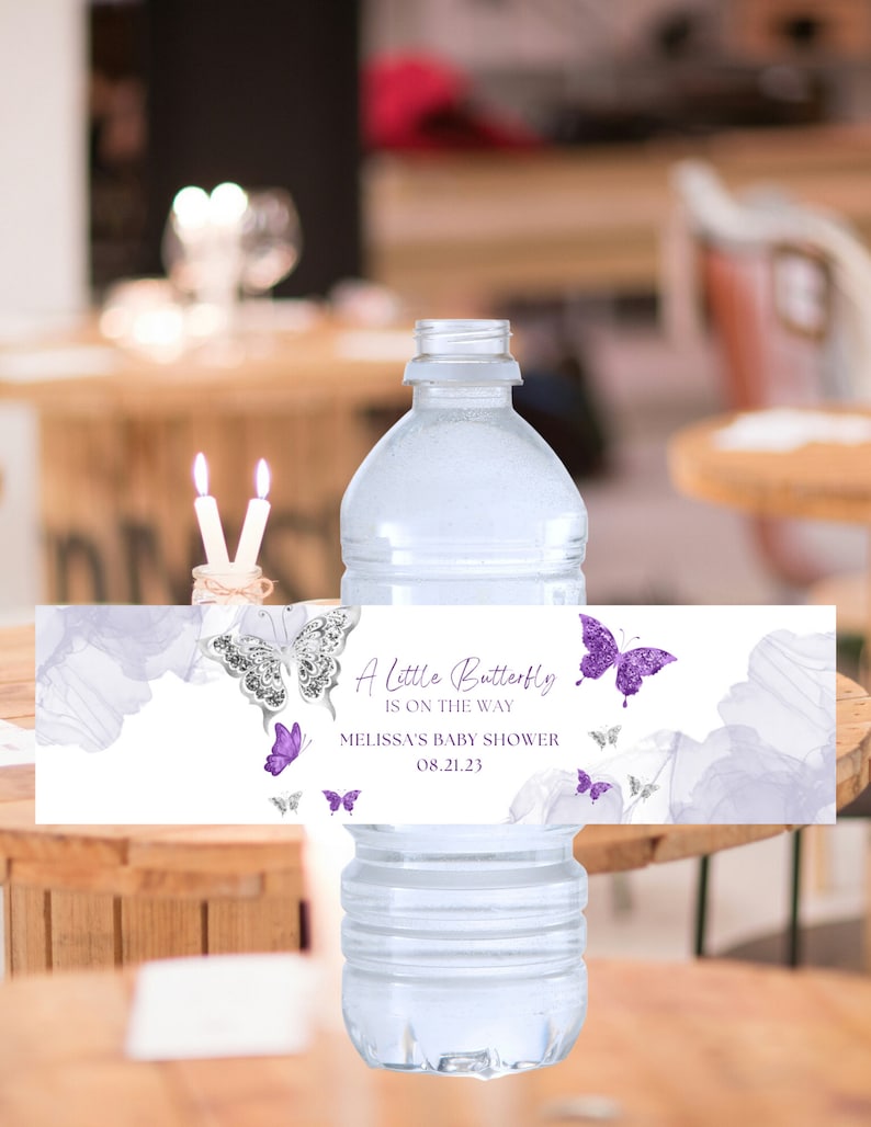 Butterfly Water Bottle Label Template Purple and Silver (printable ...