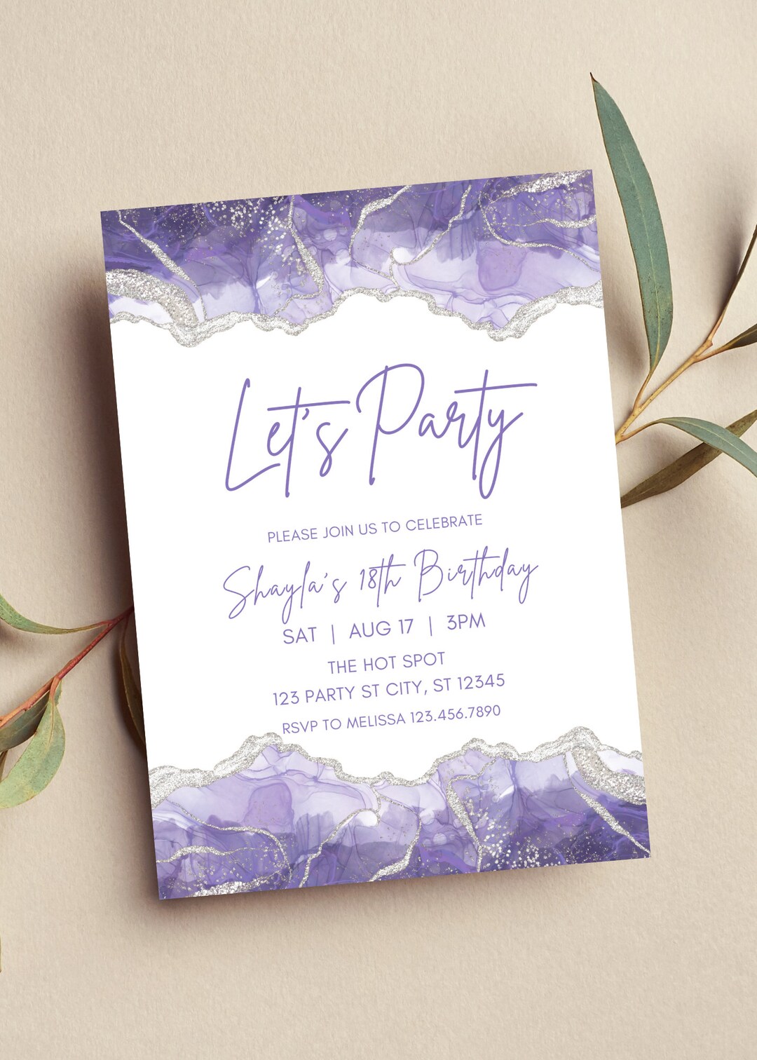Editable Let's Party Invitation, Lavender and White, Purple, Printable ...
