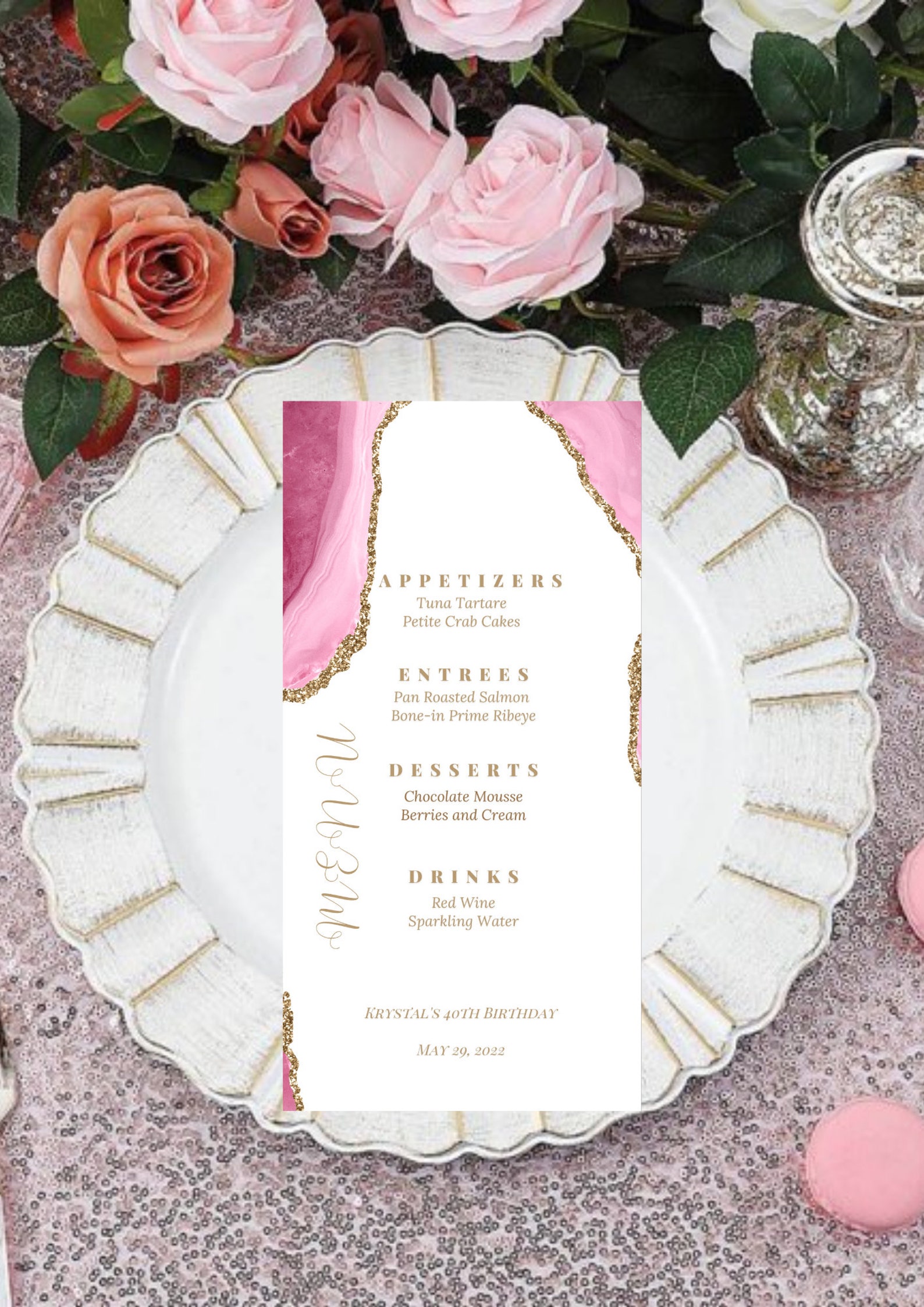 Editable Birthday Party Menu Card Template Pink and Gold - Etsy