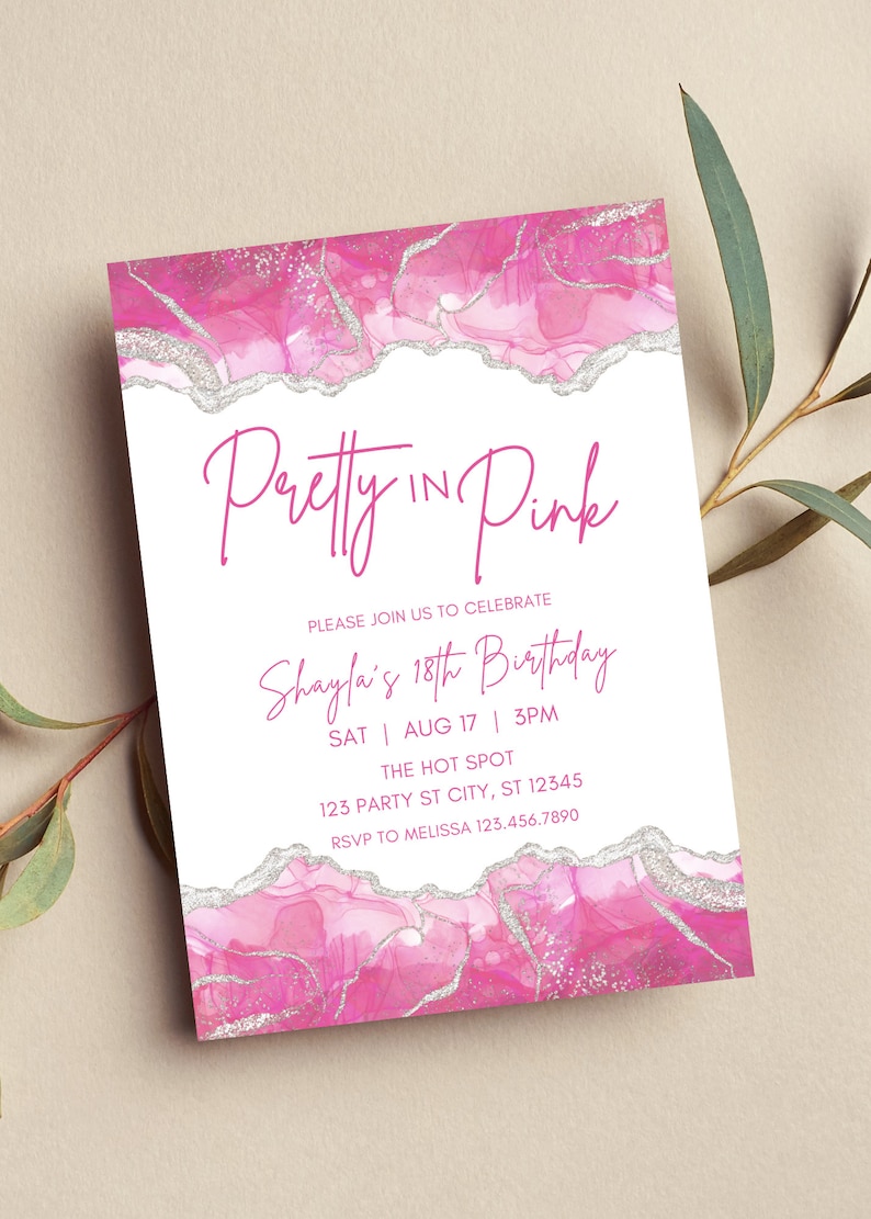 Editable Pink Birthday Invitation, Pretty in Pink, Pink, White, and ...