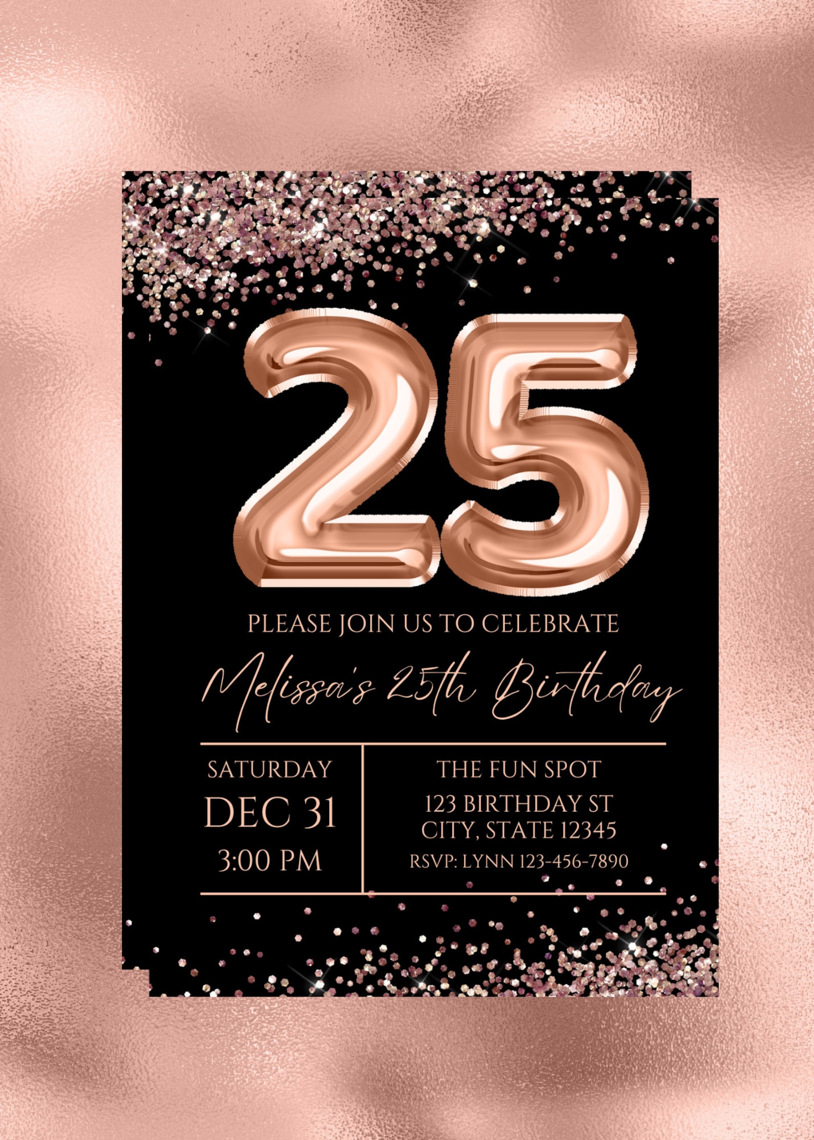 Editable 25th Birthday Invitation Rose Gold and Black - Etsy
