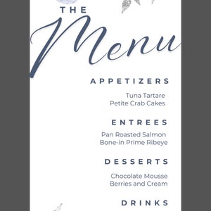 Editable Menu Card Template, Dusty Blue and Silver Menu Cards, Floral ...