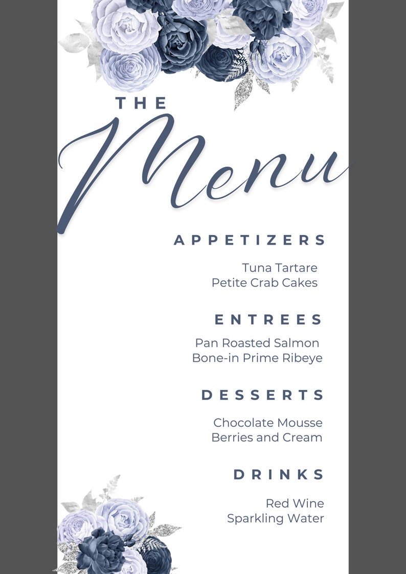 Editable Menu Card Template, Dusty Blue and Silver Menu Cards, Floral ...